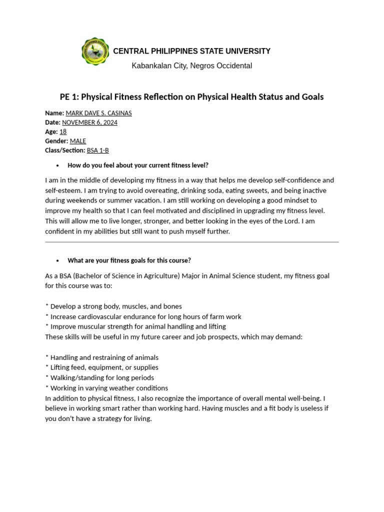 Physical Fitness Goals Reflection | PDF