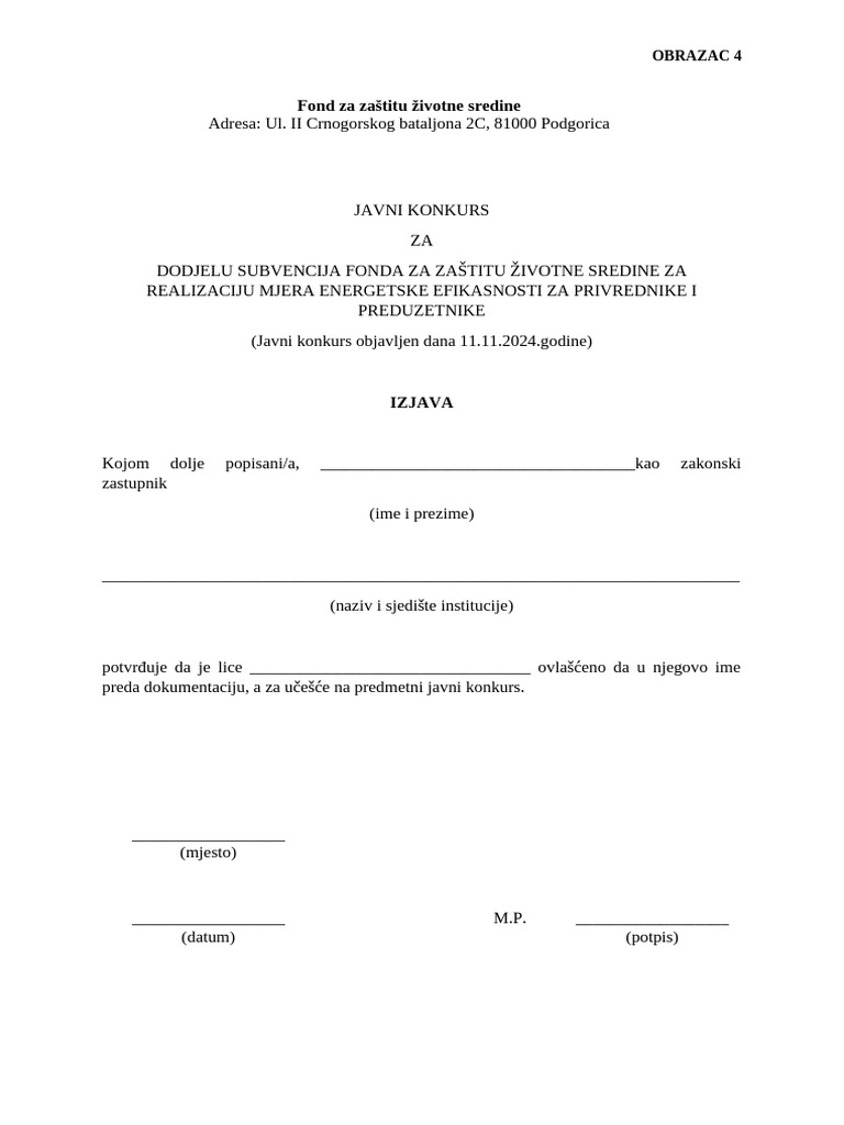 04 Obrazac - Izjava o Ovlascenoj Osobi Za Predaju Dokumentacije | PDF