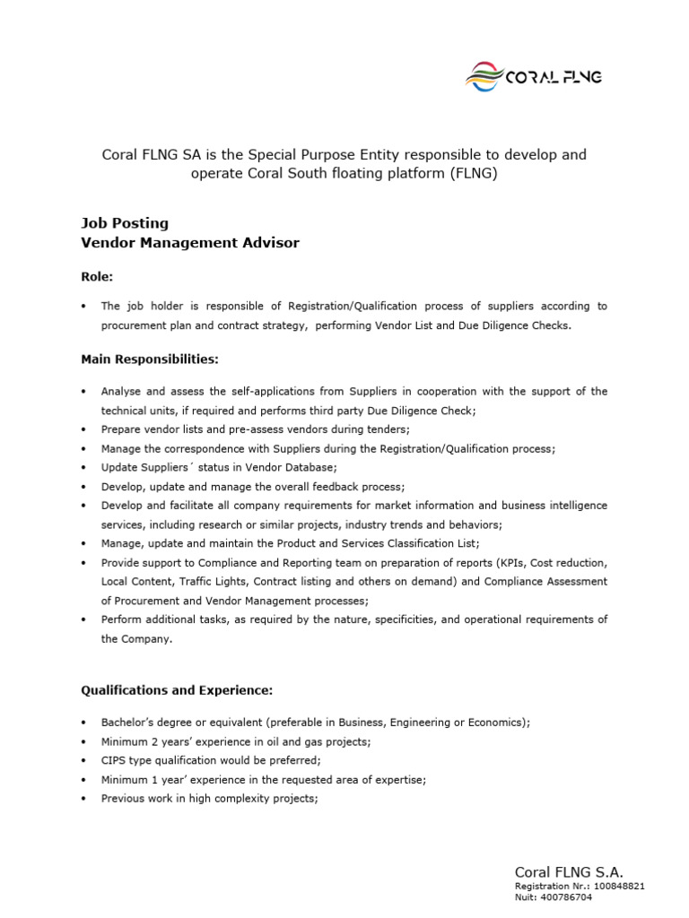 Vendor Management Advisor Position | PDF | Procurement | Business