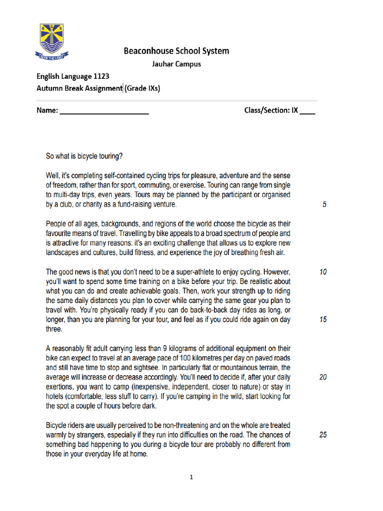 Autumn Break Reading Assignment Grade IX-1 | PDF
