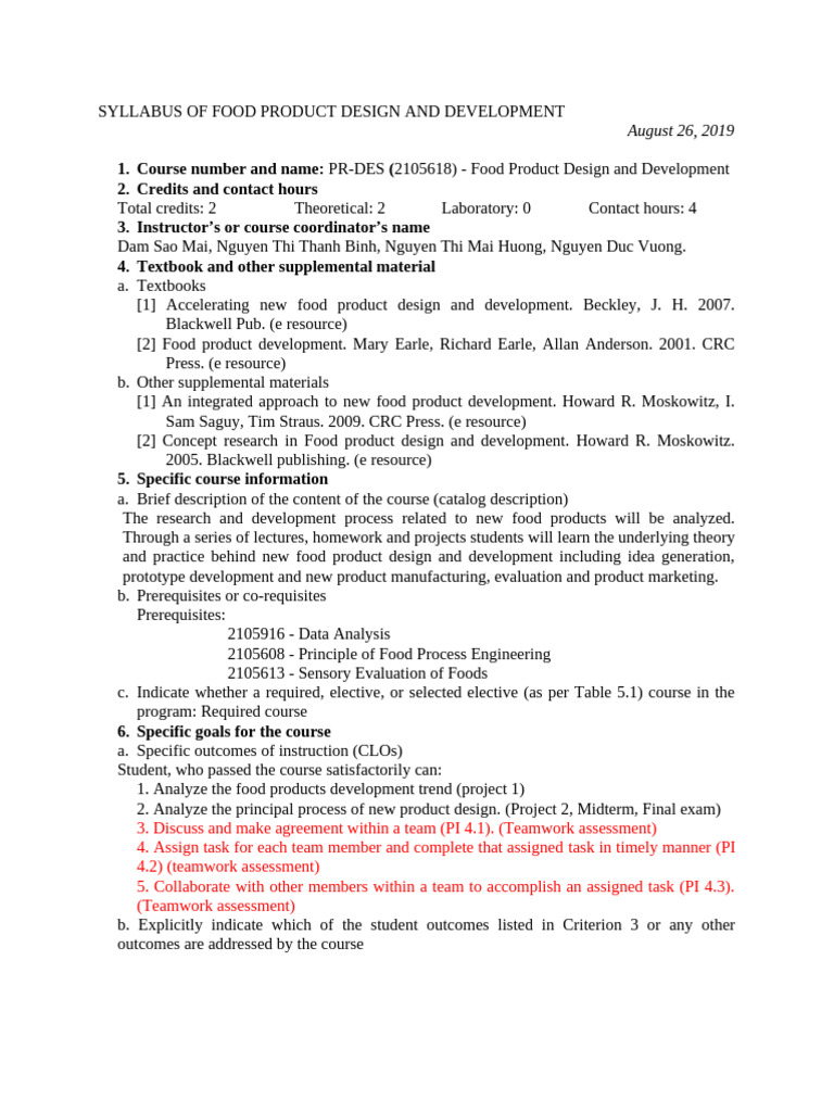 Syllabus of Food Product Design and Development 20210805122114 e | PDF ...