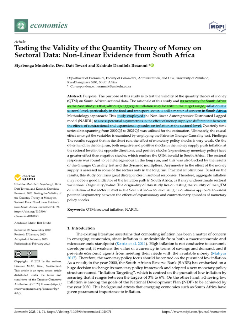 Testing The Validity of The Quantity Theory of Money On Sectoral Data ...