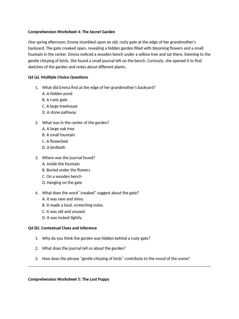 Comprehension Worksheet 2 | PDF
