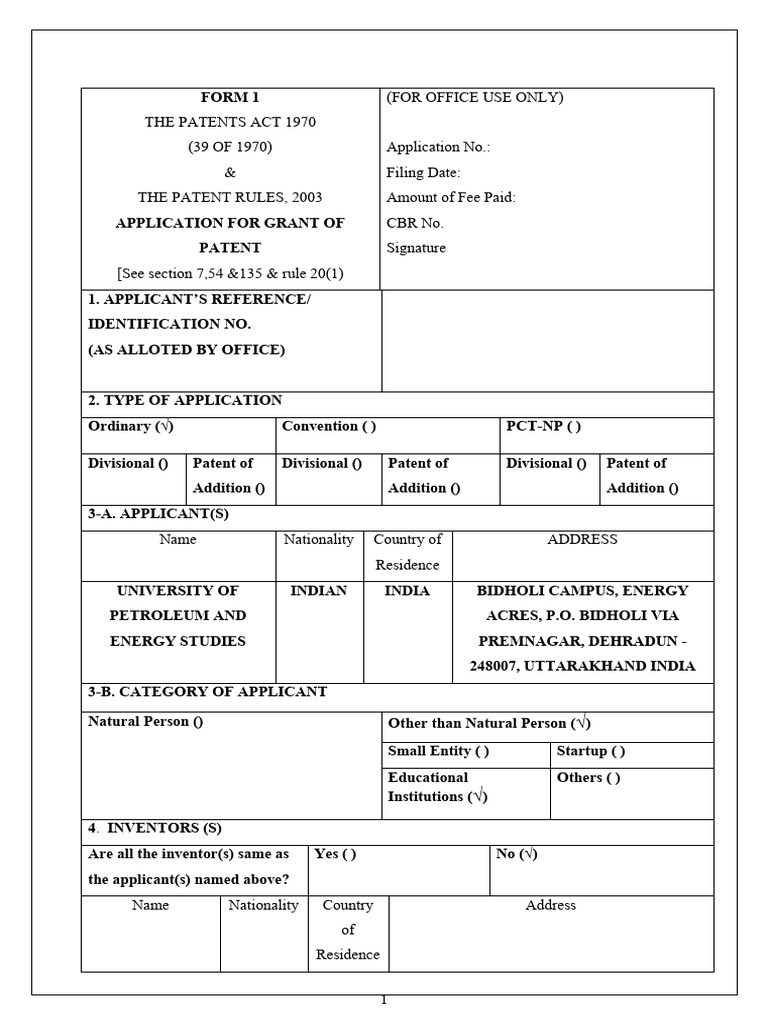 Form 1 - 202111058894 - UPES | PDF | Patent | Priority Right
