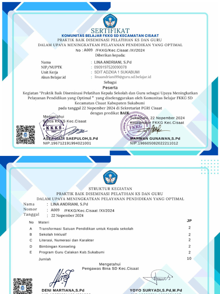 LINA ANDRIANI, S.PD - Sertifikat KKG Nopember 2024 | PDF