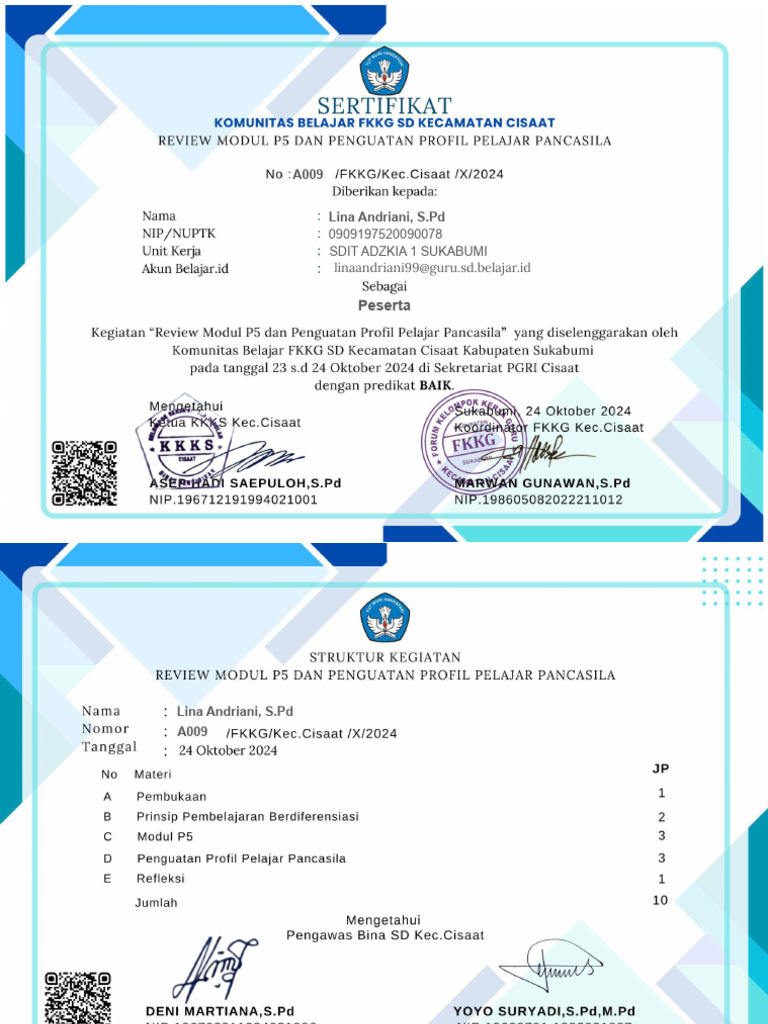 Lina Andriani, S.PD - Sertifikat KKG Kec - Cisaat Oktober 2024 | PDF
