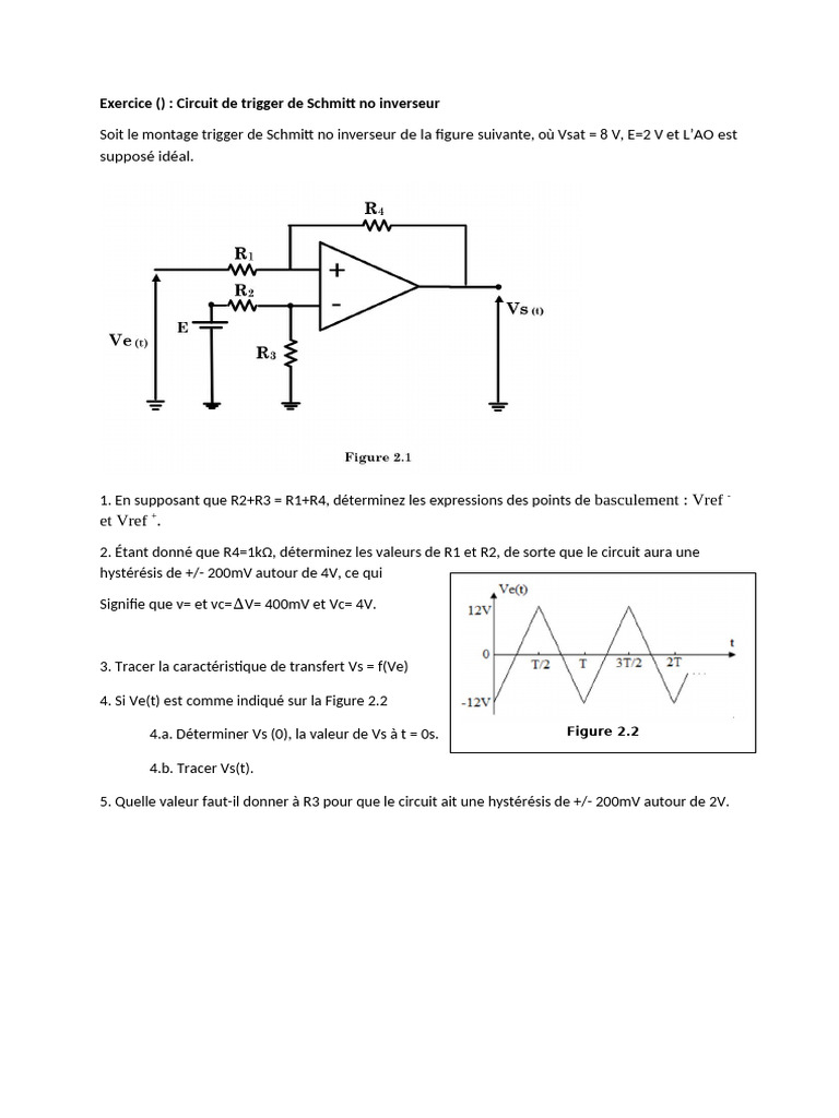 Exercice sur le trigger de Schmitt non inverseur | PDF