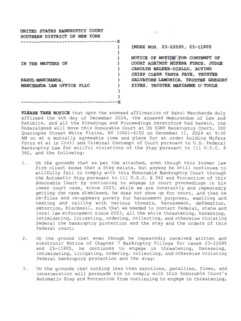 Notice of Motion For Contempt of Court Against Mufera Fyruz Et Al Filed ...