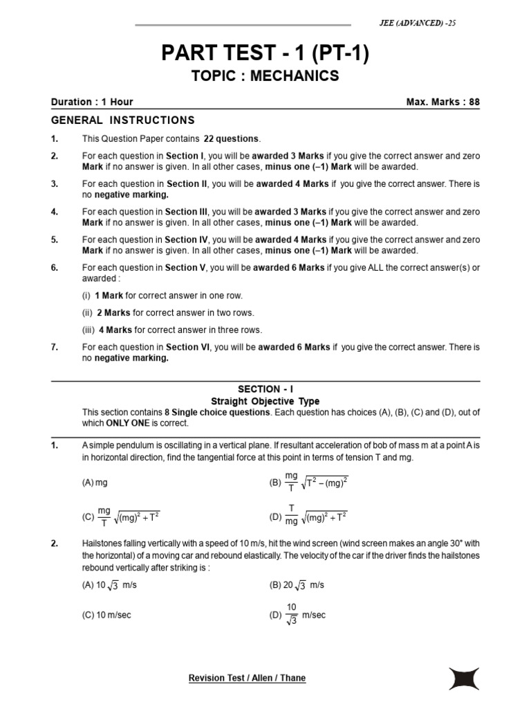 Revision Test Mechanics 1 Batch 3 | PDF | Acceleration | Velocity