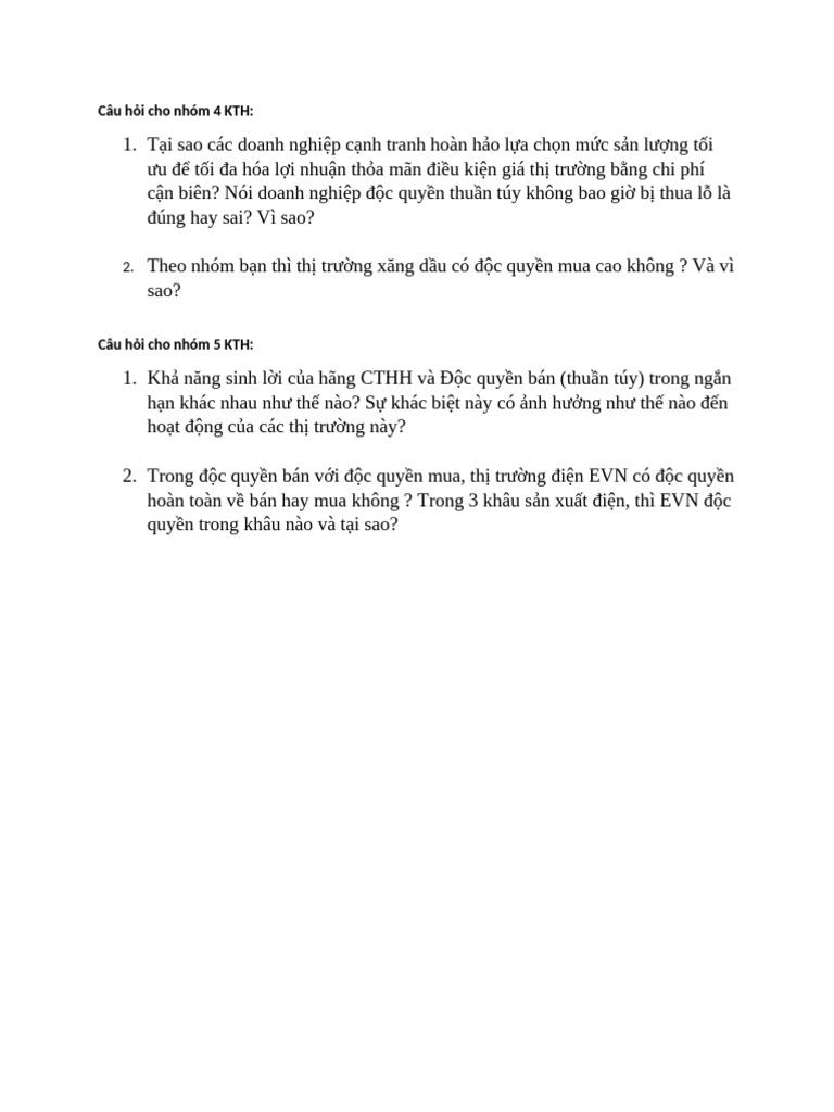 Câu Hỏi Cho Nhóm KTH | PDF