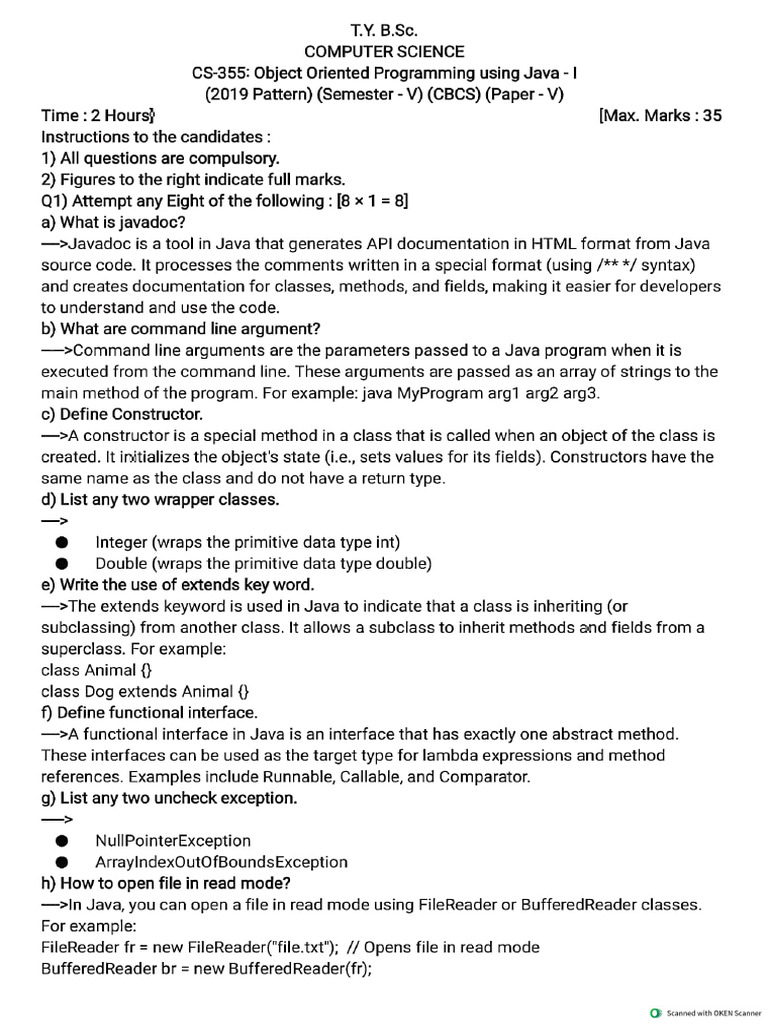 Object Oriented Programming Using Java I Previous Year Question Paper