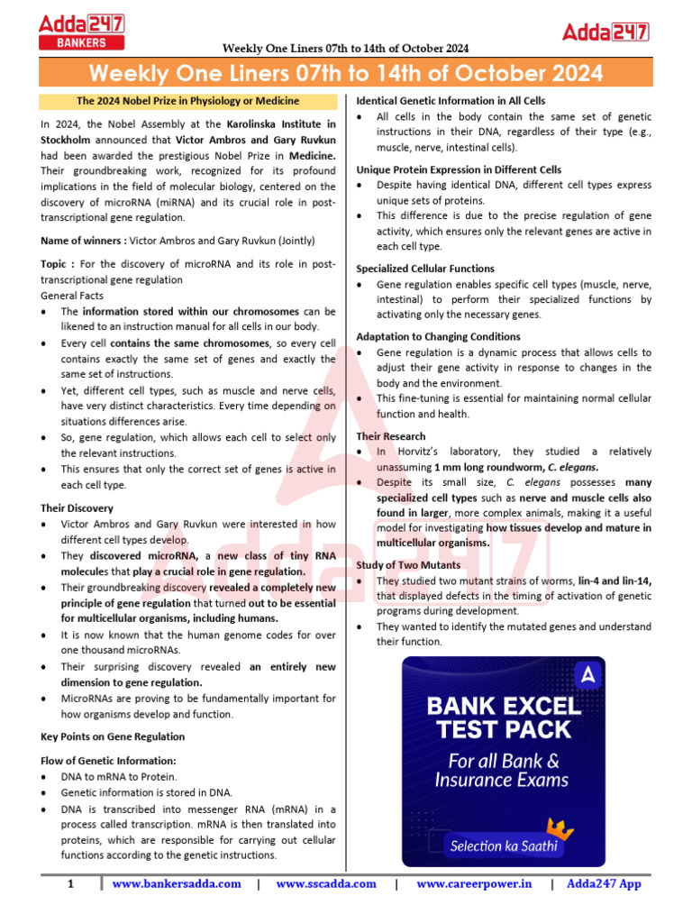 Weekly One Liners 07th To 14th of October 2024 | PDF | Gene | Micro Rna