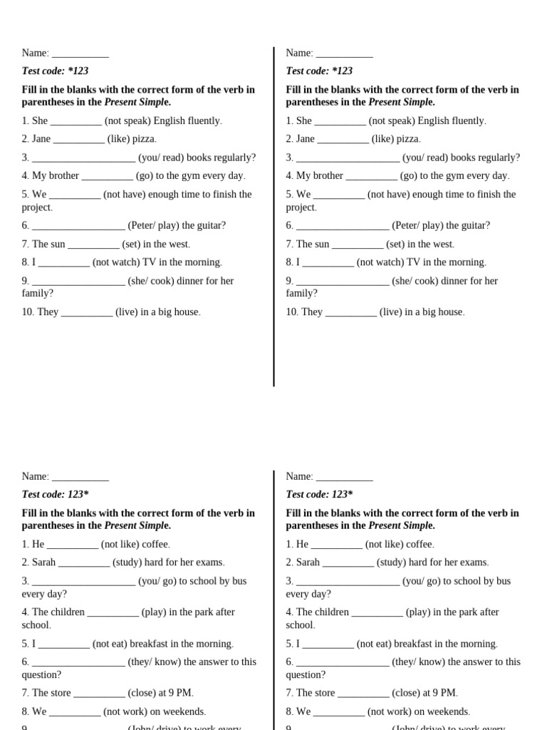 Small Test_Simple Present_All forms | PDF