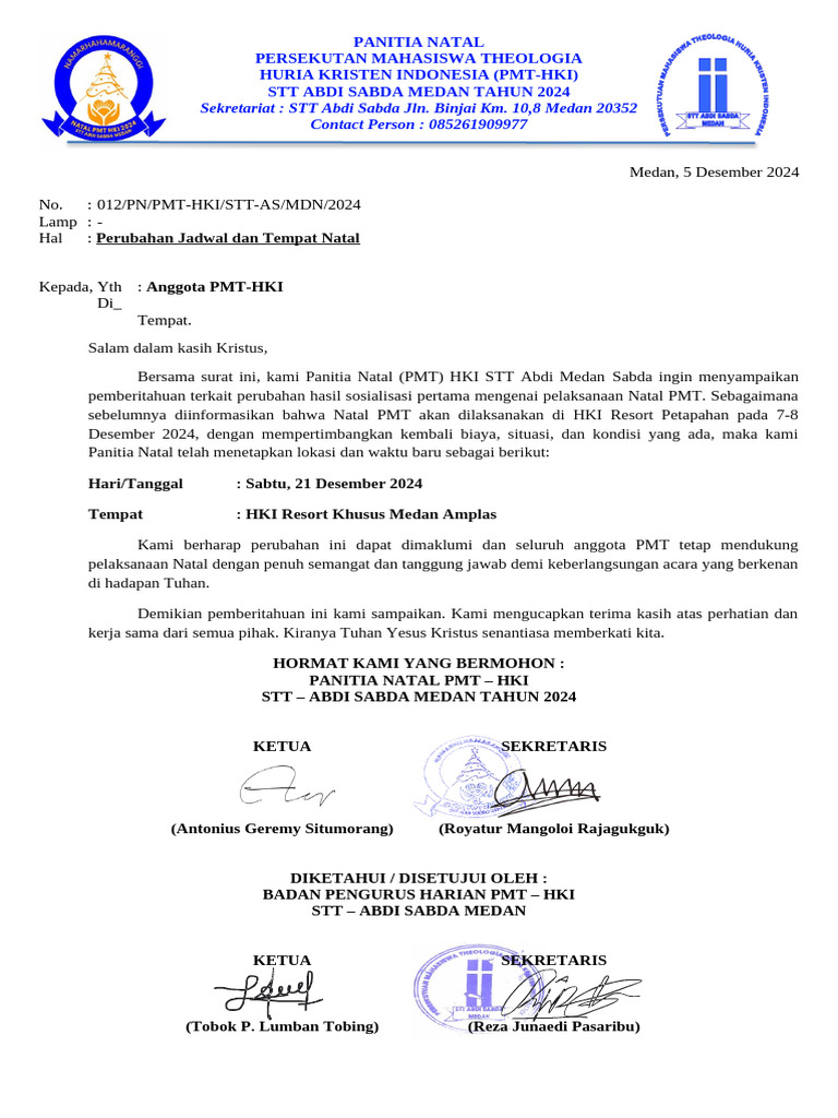 Surat Pemberitahuan Perubahan Jadwal Dan Tempat Natal | PDF