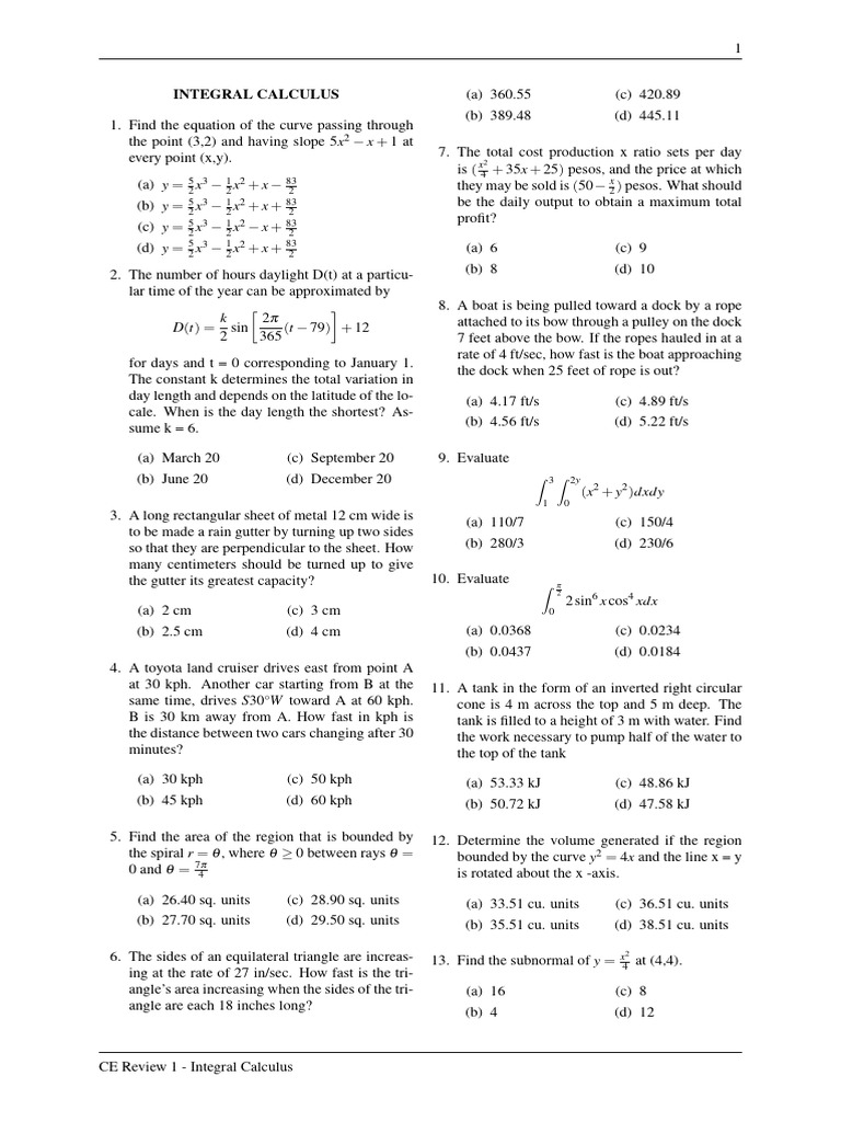 CE Review 1 Integral Calculus | PDF | Area | Rotation
