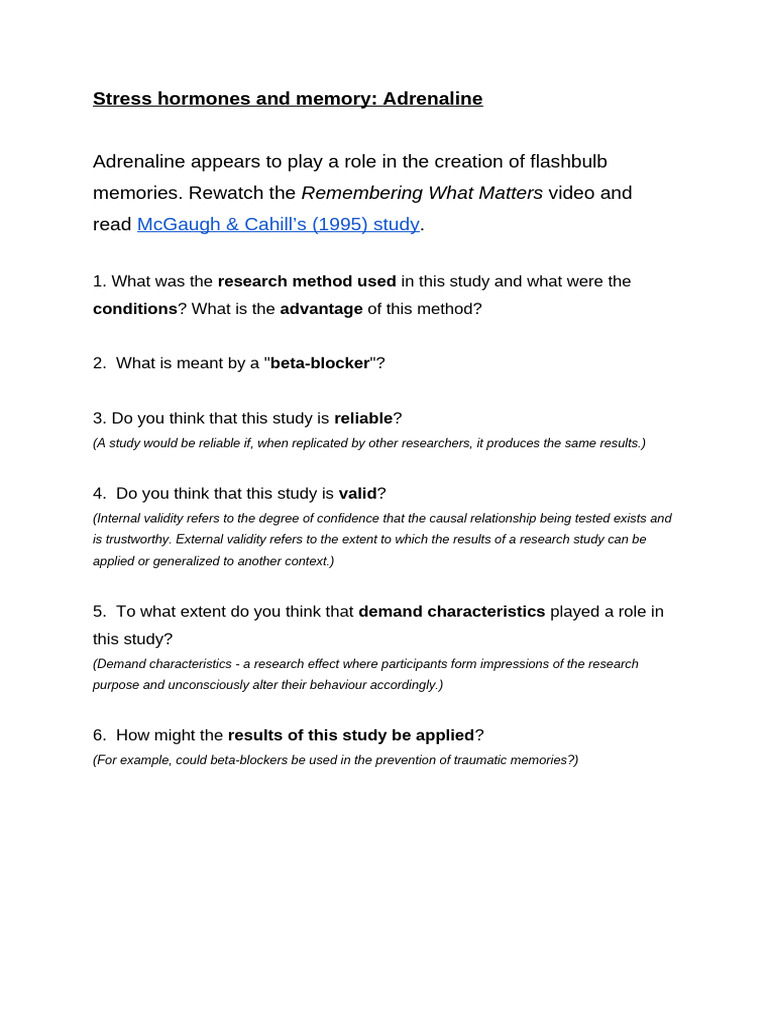 IB Psychology Stress Hormones and Memory Worksheet | PDF