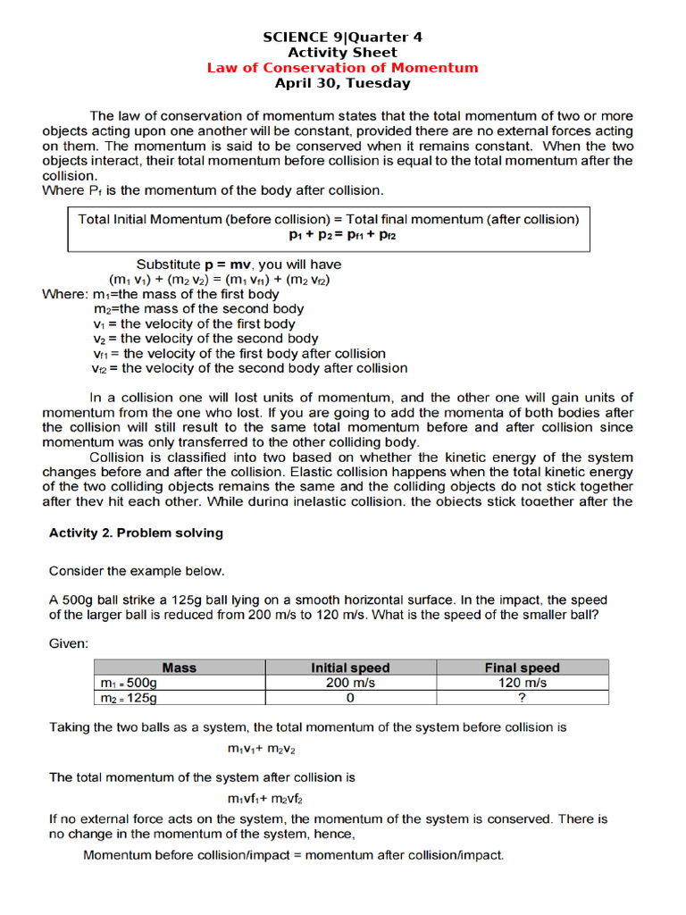 SCIENCE 9 - Activity Sheet Conservation of MomentumQ4 | PDF