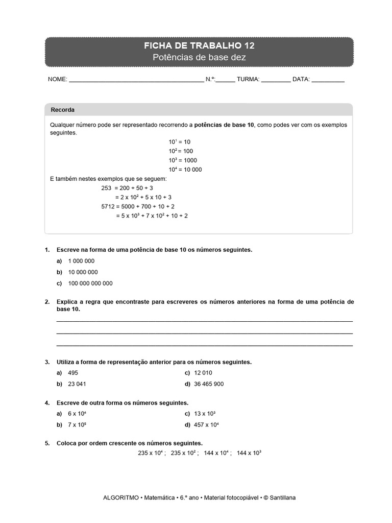 SANTILLANA MAT6 FichasTrabalho 12 | PDF