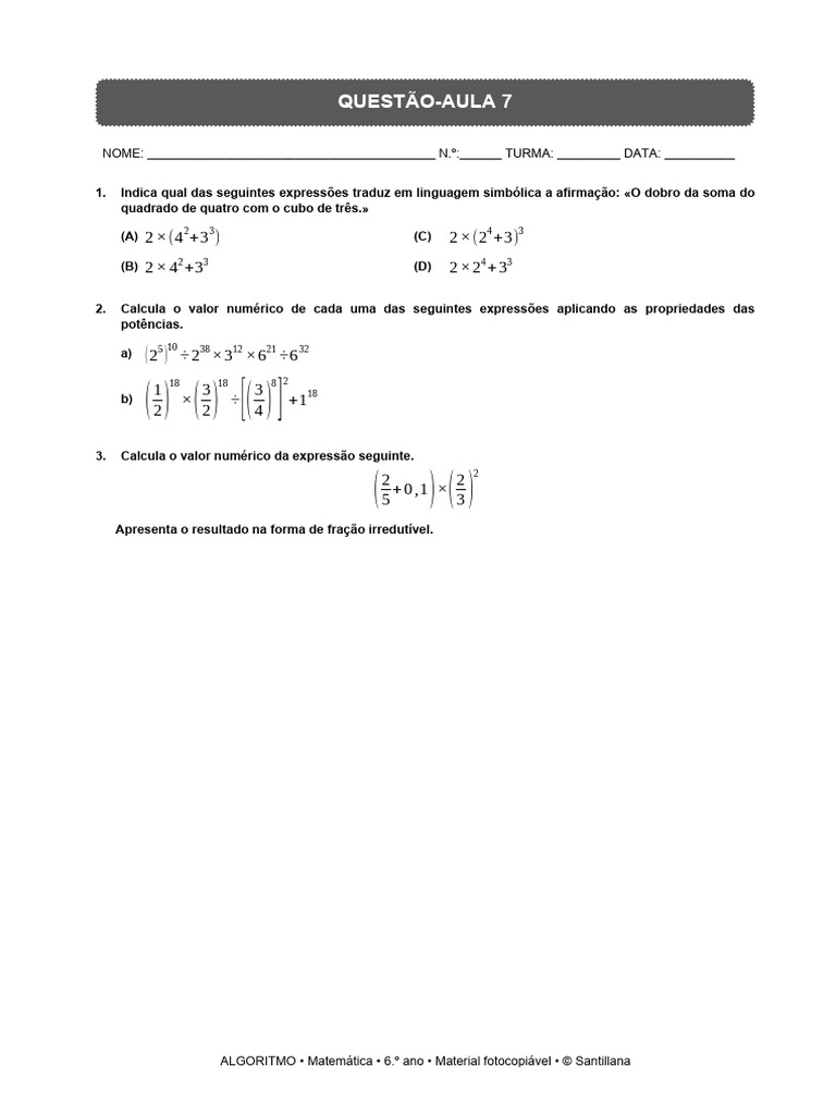 SANTILLANA MAT6 QuestoesAula 07 | PDF