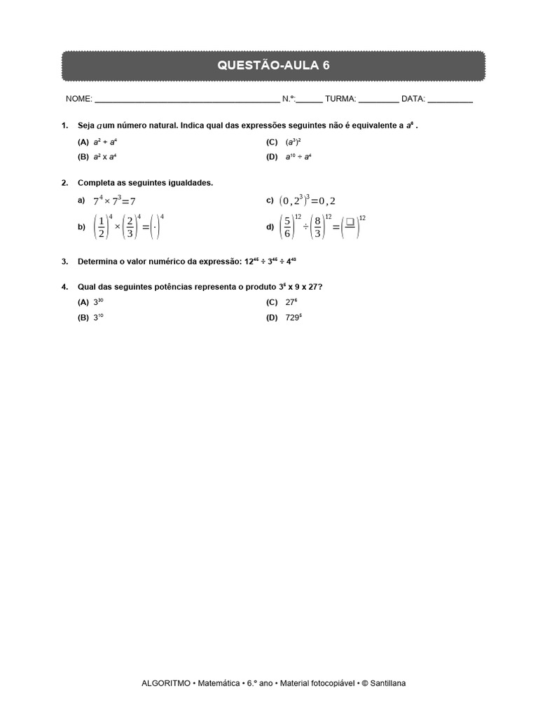 SANTILLANA_MAT6_QuestoesAula_06 | PDF