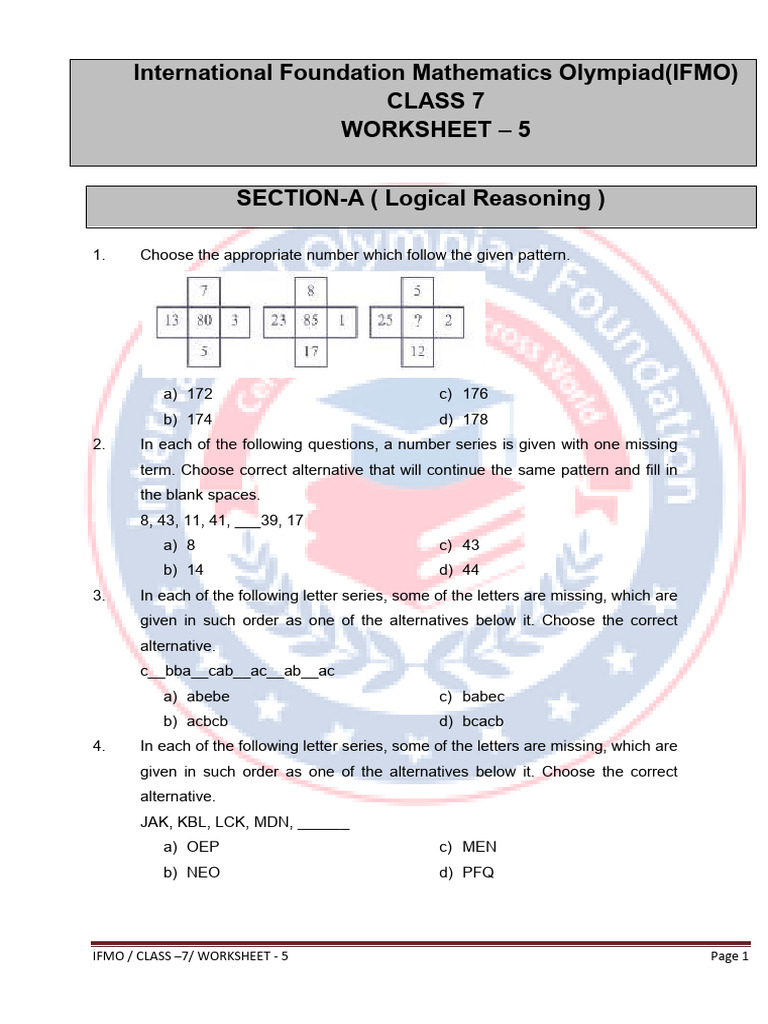 IFMO Class 7 Worksheet 5 | PDF | Area | Mathematics
