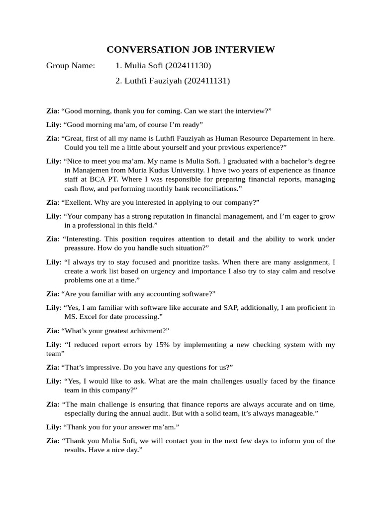 Job Interview Role Play Script | PDF