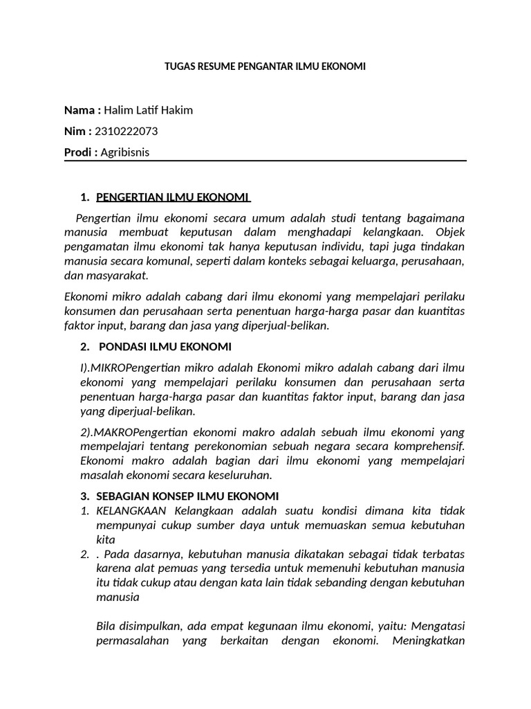 Resume Pengantar Ilmu Ekonomi Halim Latif Hakim | PDF