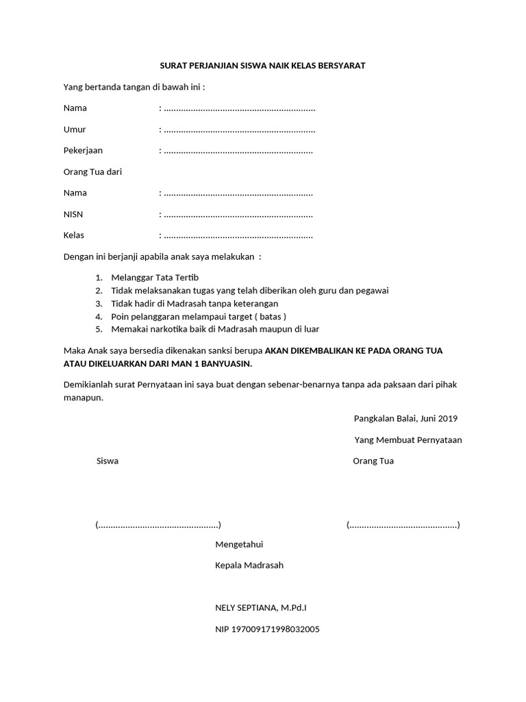 Surat Perjanjian Naik Kelas Bersyarat | PDF