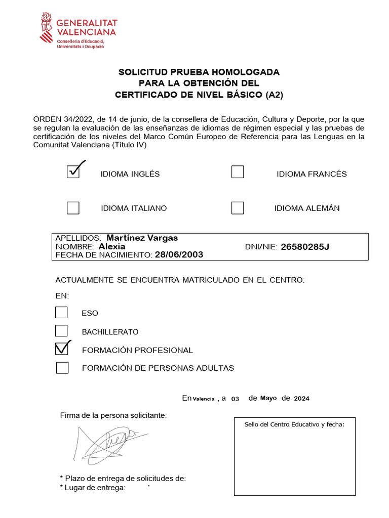Solicitud Prueba Homologada para La Obtención Del Certificado de Nivel Básico (A2) | PDF