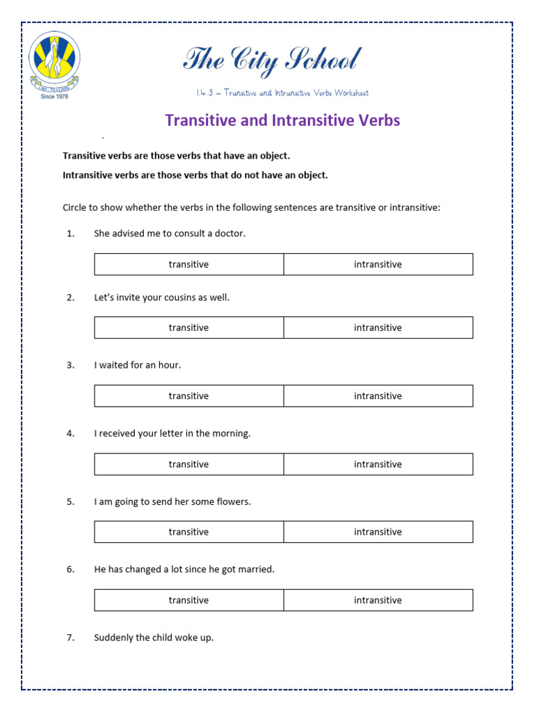1.4.3 - Transitive and Intransitive Verbs Worksheet | PDF