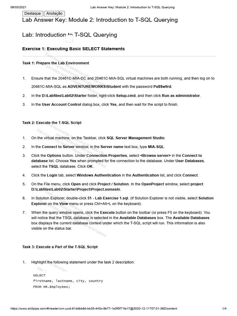 Lab Answer Key - Module 2 - Introduction to T-SQL Querying | PDF ... Lab Answer Key - Module 2 - Introduction to T-SQL Querying | PDF ...