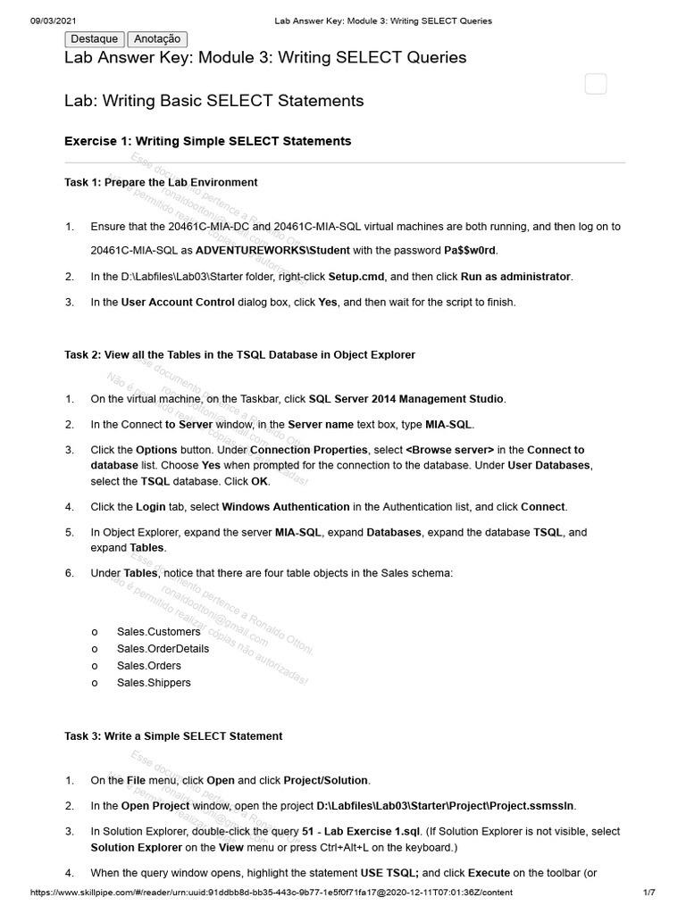 Lab Answer Key - Module 3 - Writing SELECT Queries | PDF | Databases | Sql Lab Answer Key - Module 3 - Writing SELECT Queries | PDF | Databases | Sql
