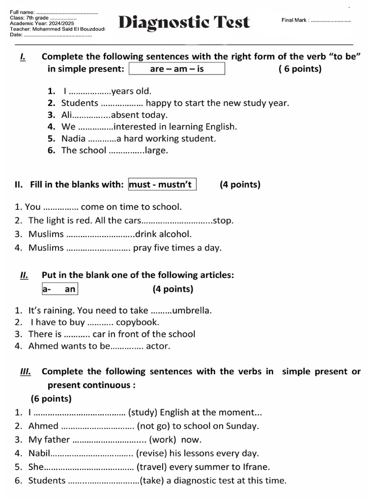 8th Grade Diagnostic Test | PDF
