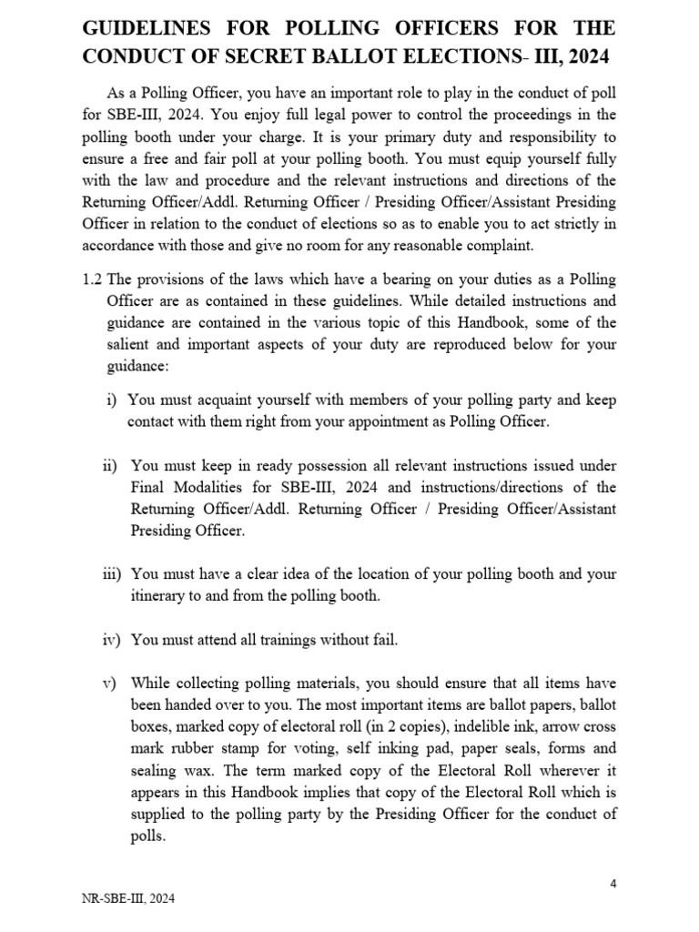Polling Officer Guidelines 2024 | PDF | Identity Document | Voting