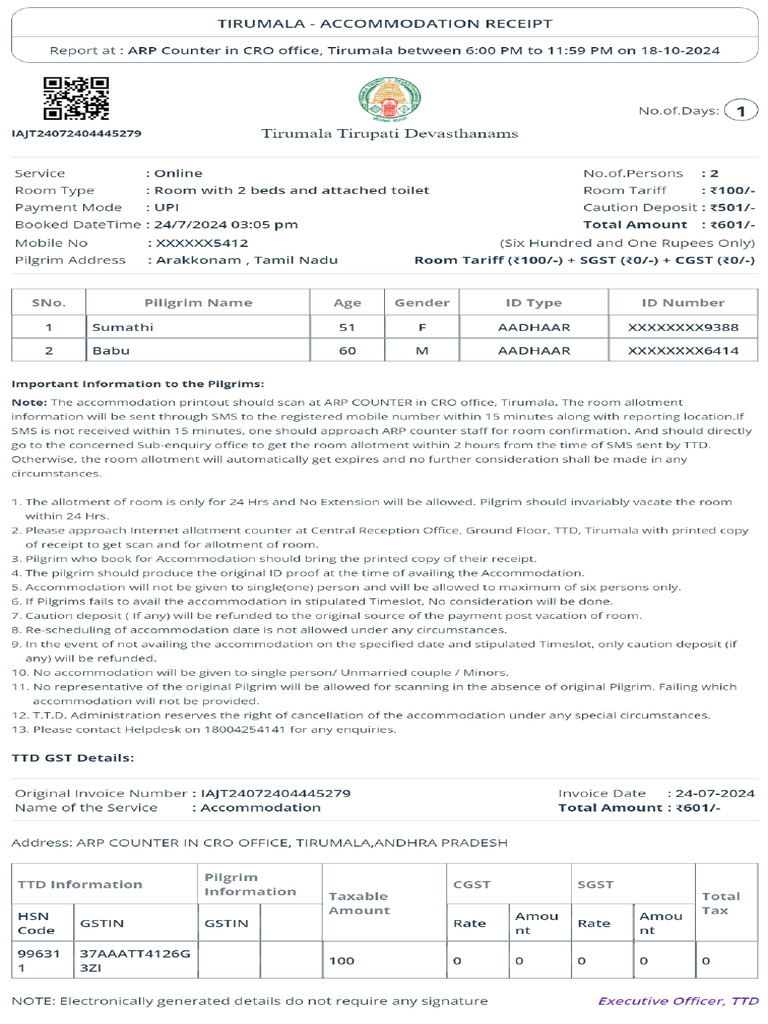 Accommodation Receipt | PDF