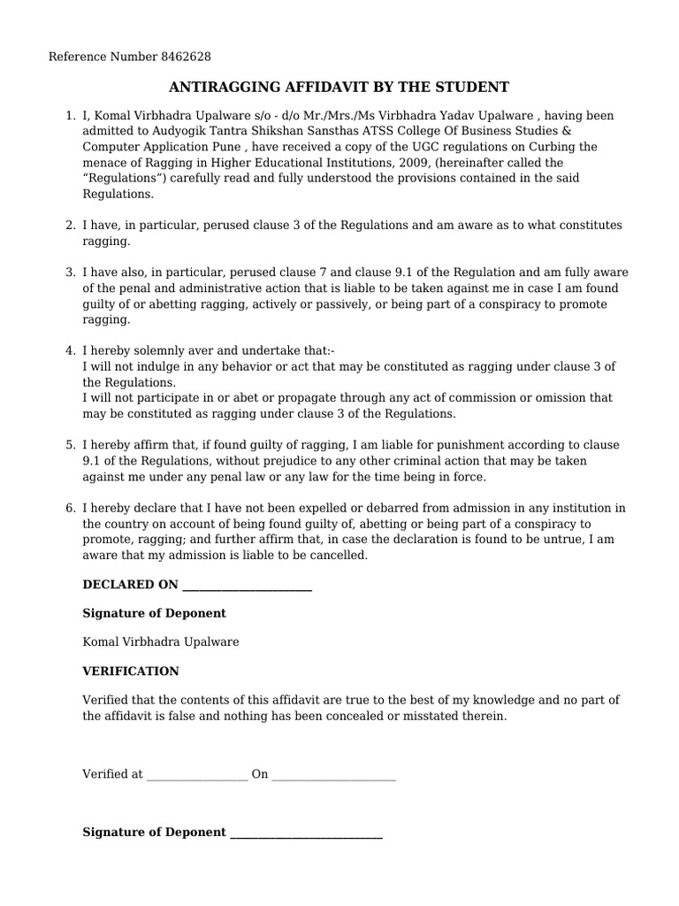 Antiragging Affidavit for Students and Parents | PDF | Affidavit | Justice