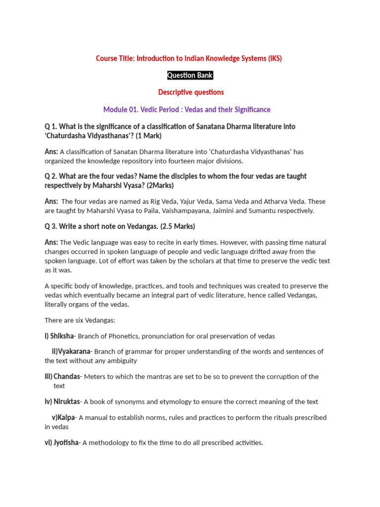 Introduction To Indian Knowledge Systems (IKS) Descriptive Question ...