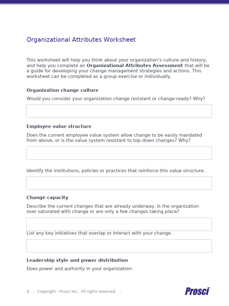 Prosci Organizational Attributes Worksheet | PDF