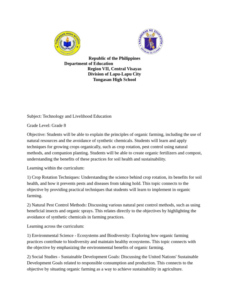 TLE 8 QUARTER 2 LESSON 1 LESSON PLAN FINAL | PDF | Organic Farming ...