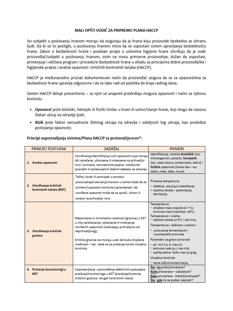 Mali Opsti Vodic Za Pripremu Plana Haccp | PDF