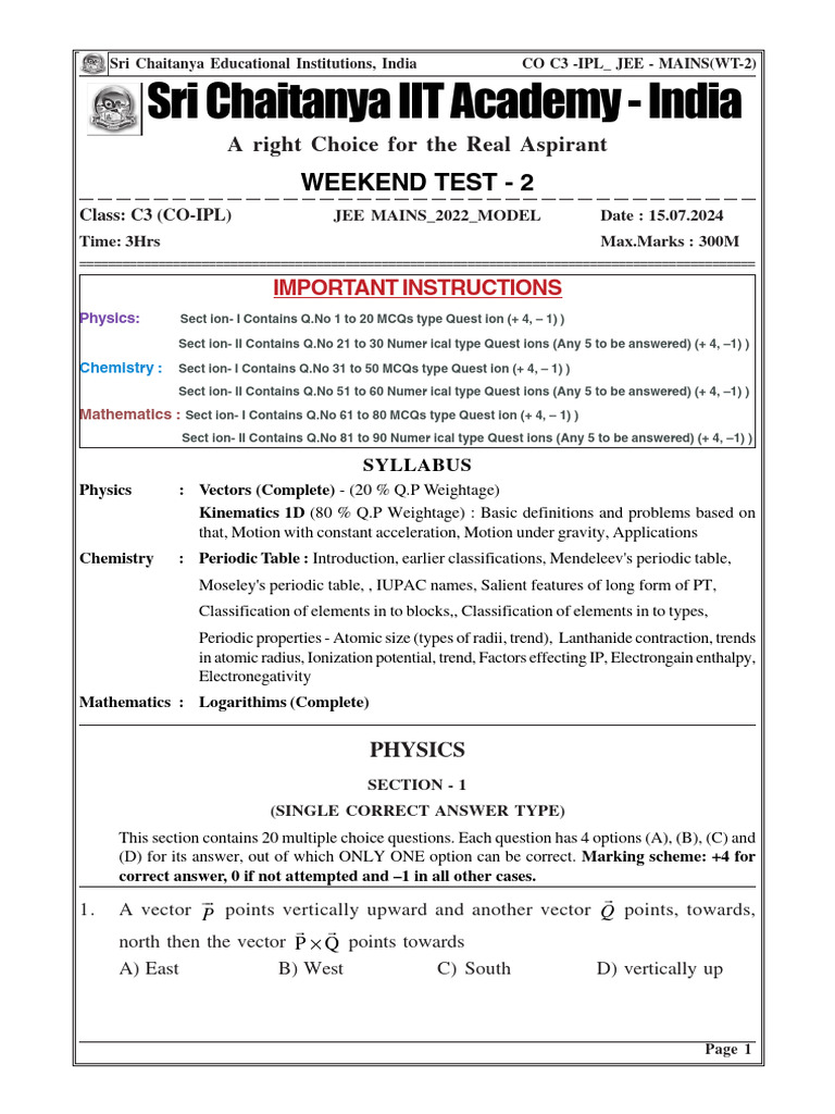 15-07-2024 Co c3 - Ipl Weekend Test - 2 (Mains) | PDF | Acceleration ...