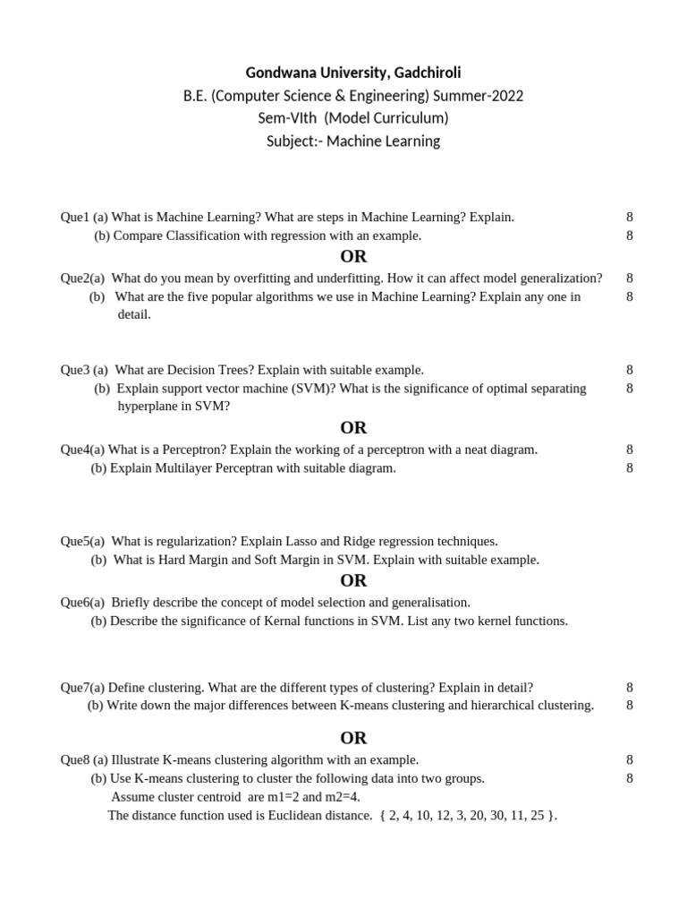 Machine Learning Exam Questions | PDF | Support Vector Machine ...