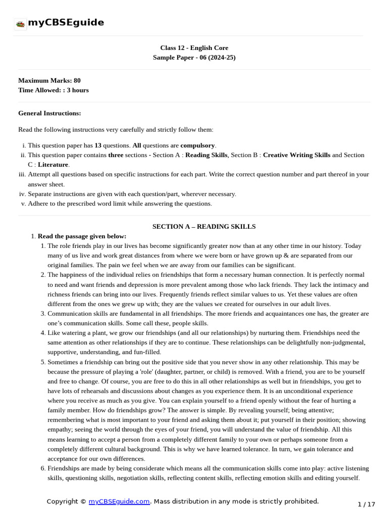 12 English Core SP 6 A | PDF | Friendship | Internet