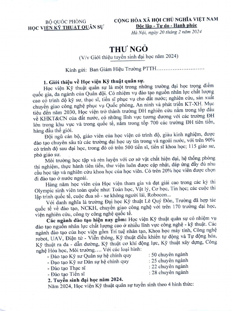 Thu Ngo Tuyen Sinh Dai Hoc Hoc Vien Ky Thuat Quan Su_0001 | PDF
