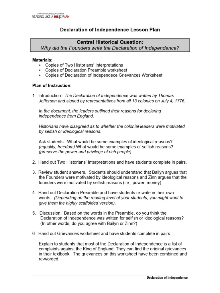 Declaration of Independence Lesson Plan | PDF | United States ...