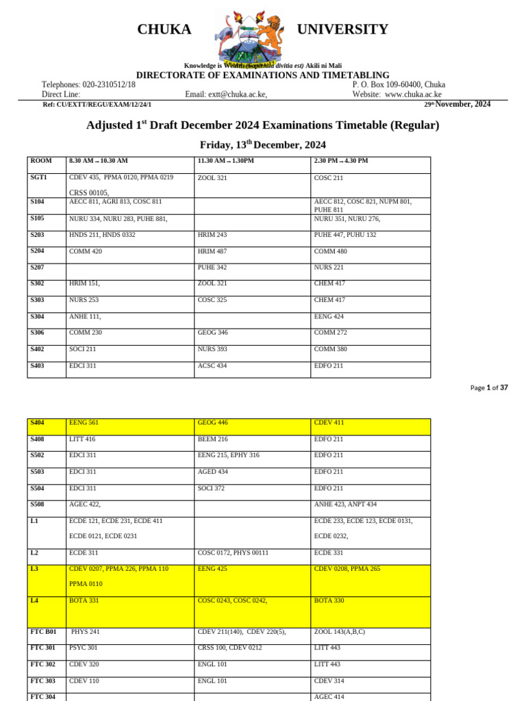 Adjusted 1st Draft December 2024 Regular Examinations Timetable-1 | PDF