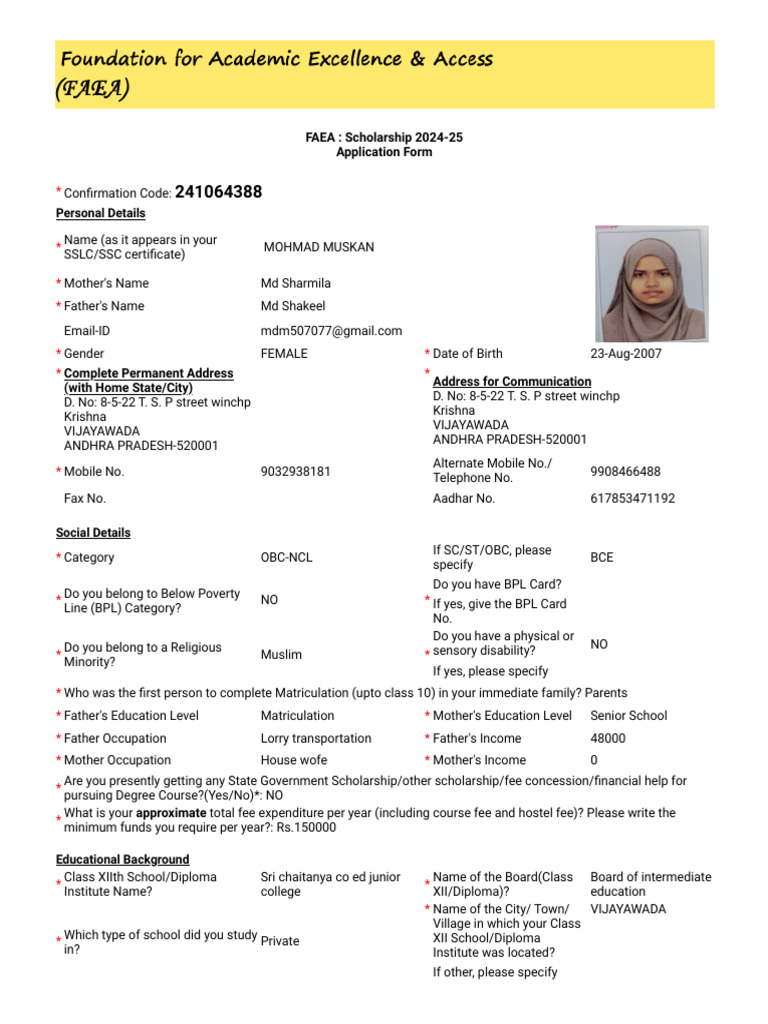 FAEA Scholarship Application 2024-25 | PDF