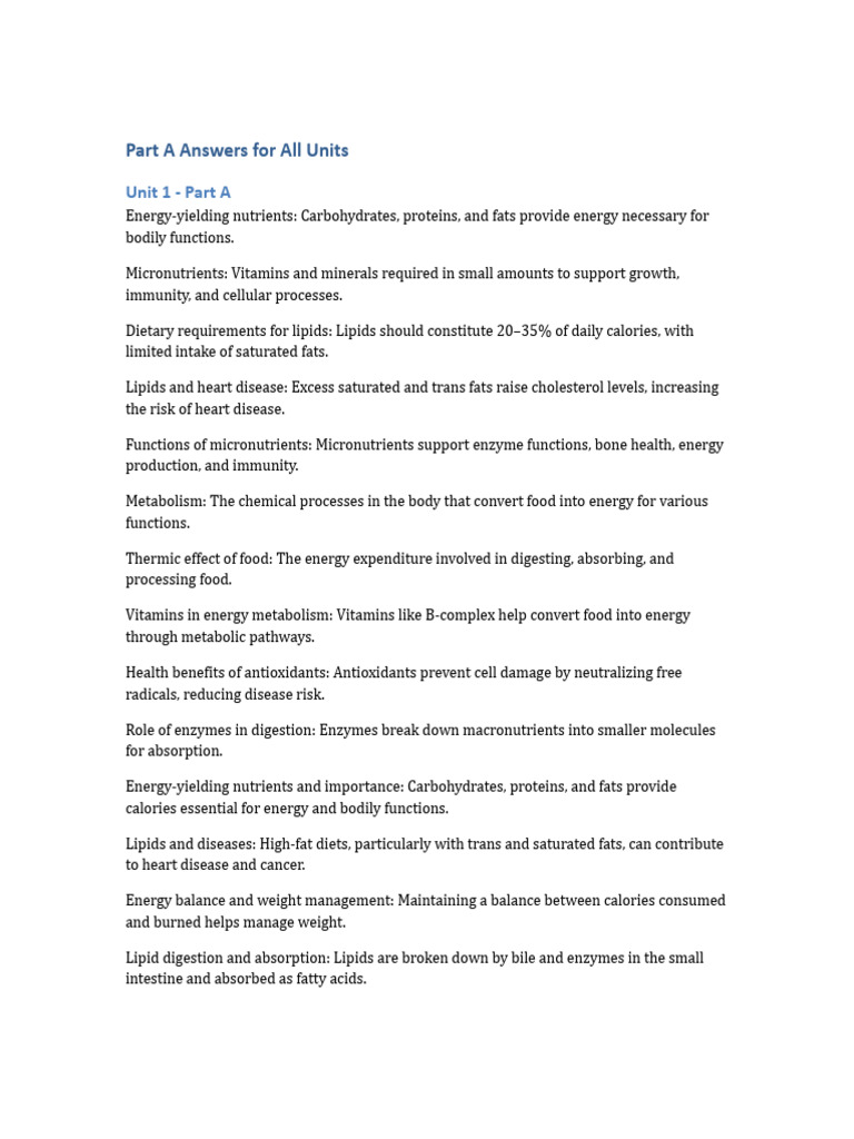 Part A Answers All Units | PDF | Food Energy | Fat