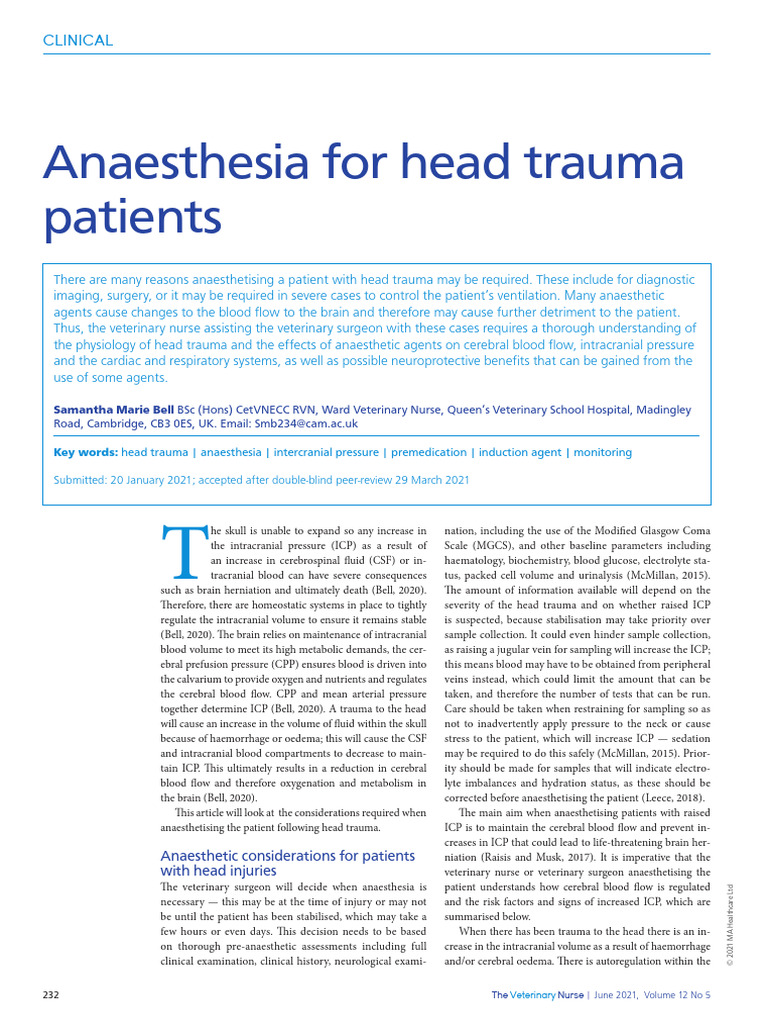 Anaesthesia For Head Trauma Patients | PDF | Traumatic Brain Injury | Anesthesia