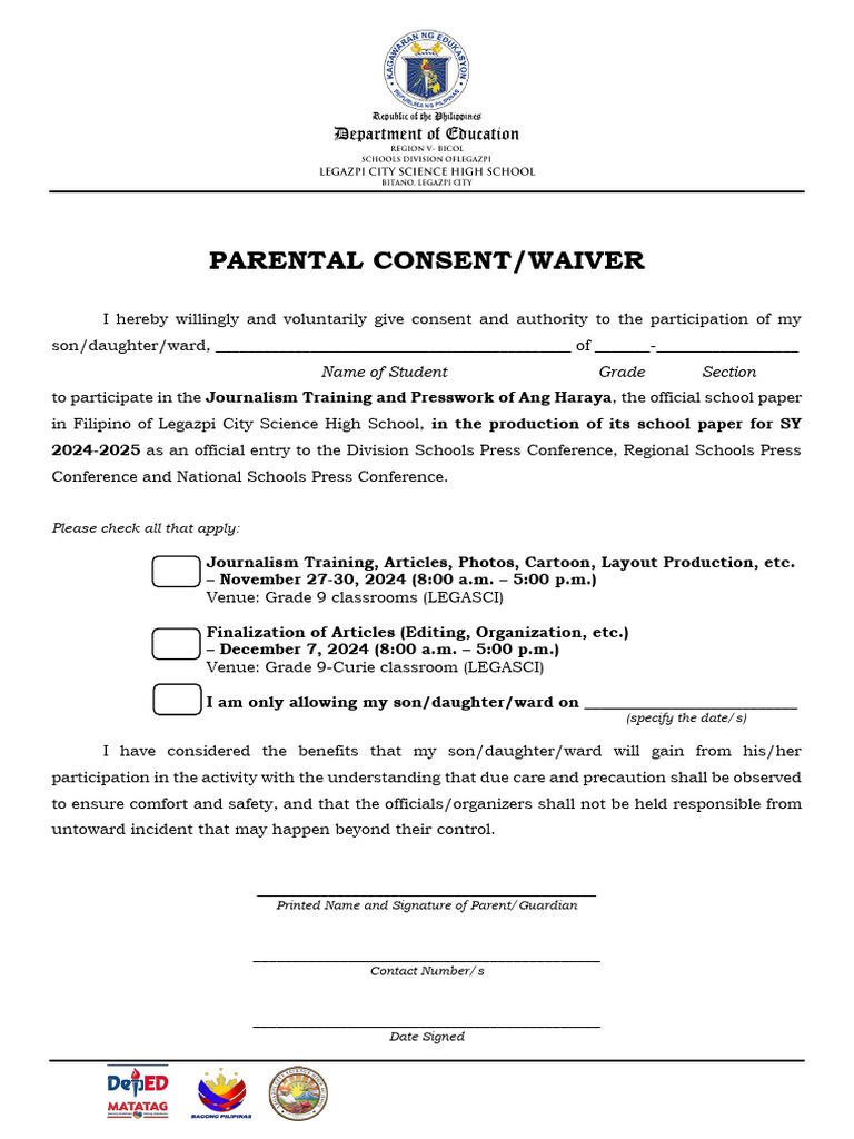 Parental Consent for Journalism Training | PDF
